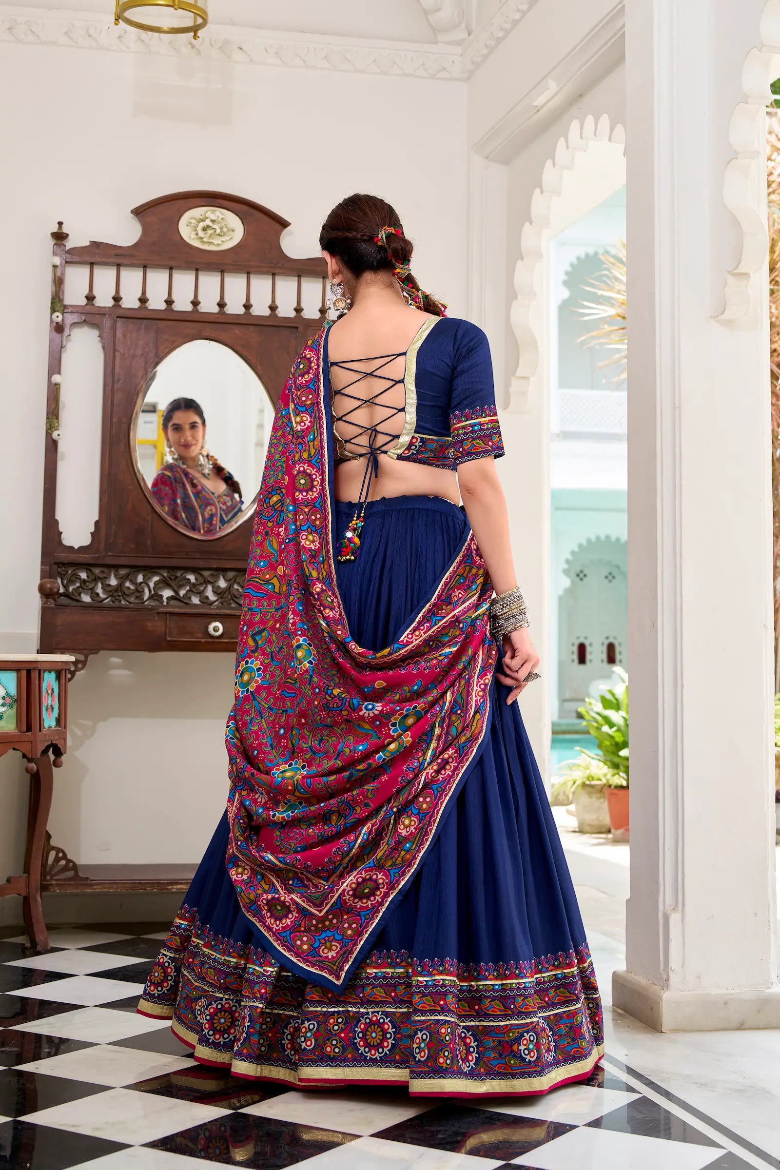 Navy Blue Tasar Silk Navratri Lehenga Choli With Gamthi Print & Lace T ...