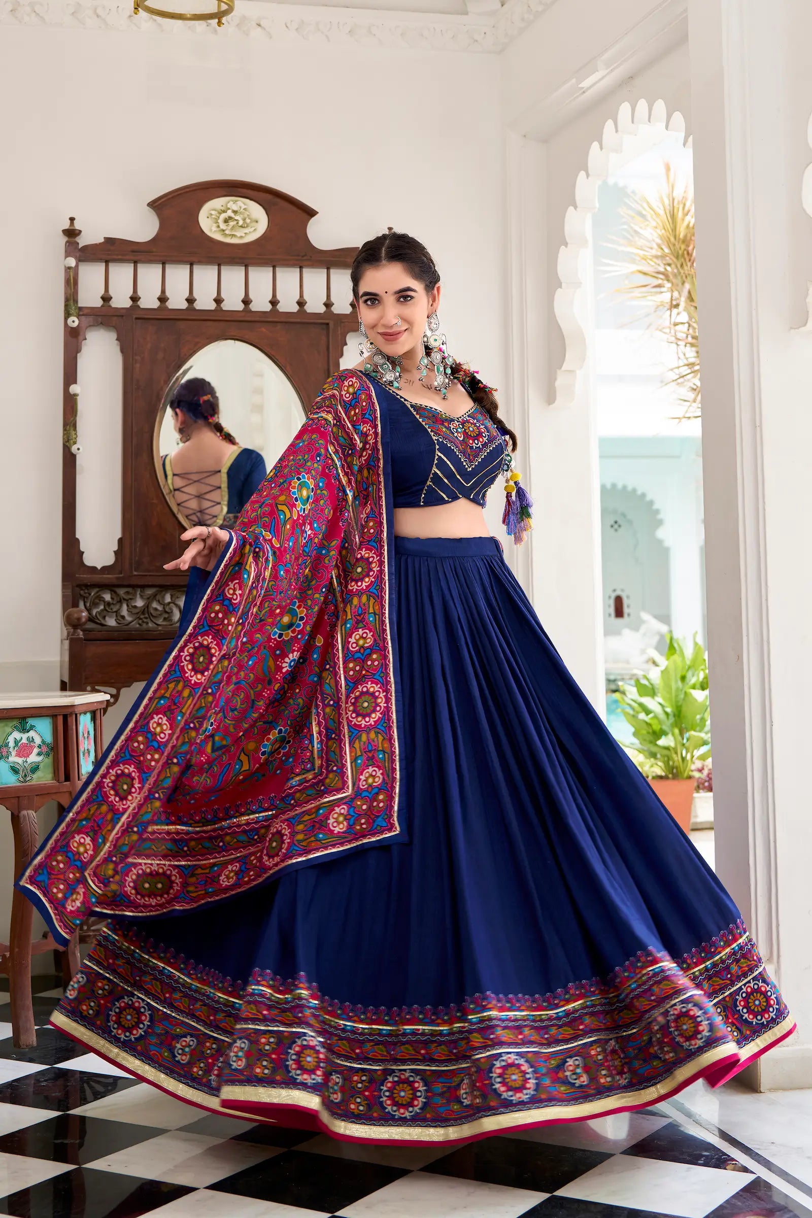 Navy Blue Tasar Silk Navratri Lehenga Choli With Gamthi Print & Lace T ...