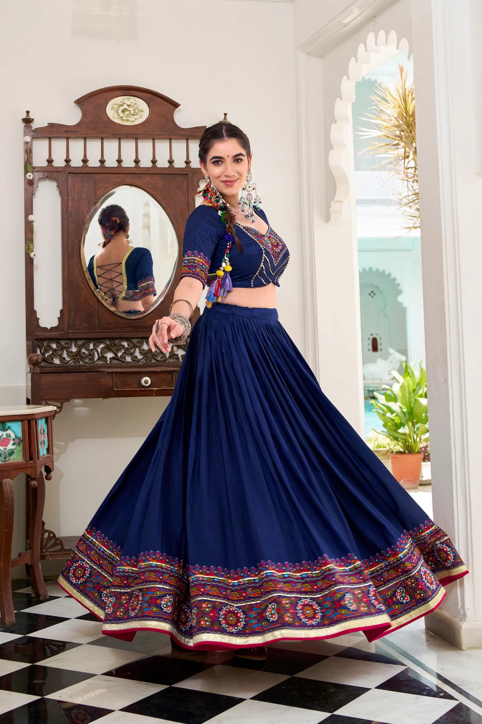 Navy Blue Tasar Silk Navratri Lehenga Choli With Gamthi Print & Lace T ...