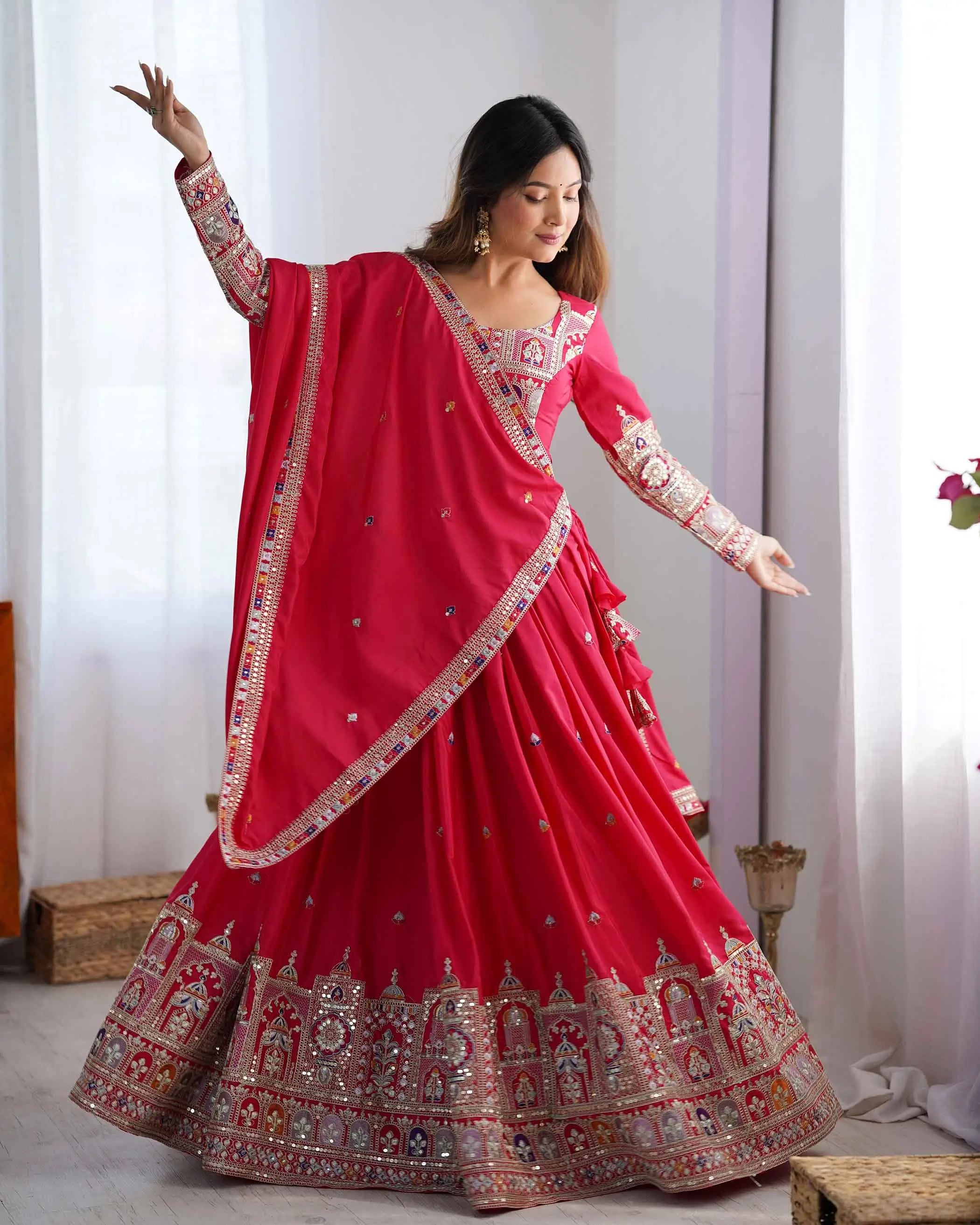 Paprika Red Cording Dori Embroidery Work Lehenga With Dupatta – Gotifab